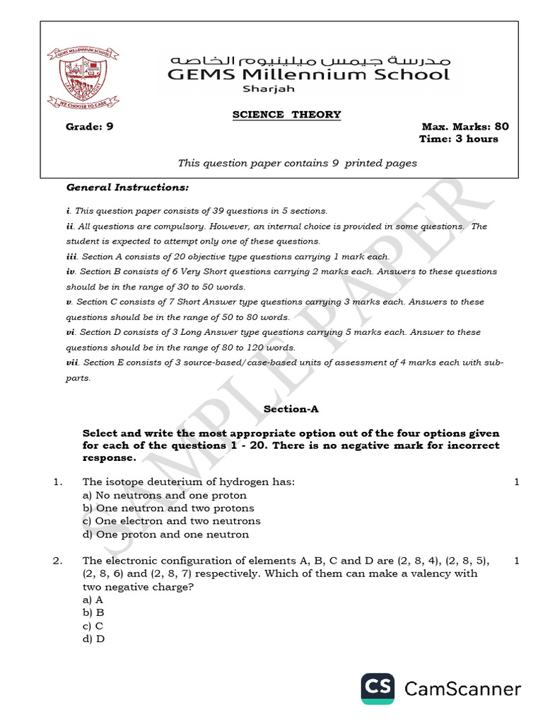 Grade 9 Science Sample Paper 2023 24 | PDF | Ion | Force