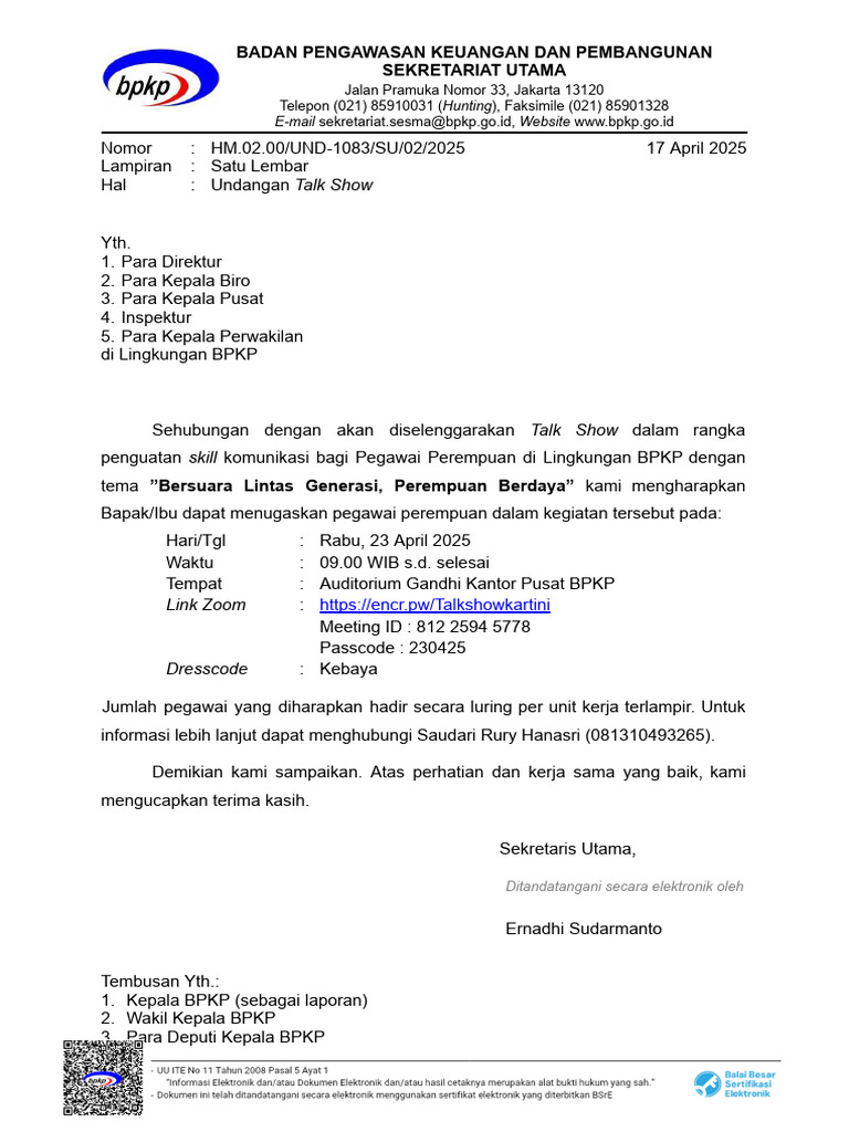 Undangan Talk Show Perempuan BPKP | PDF