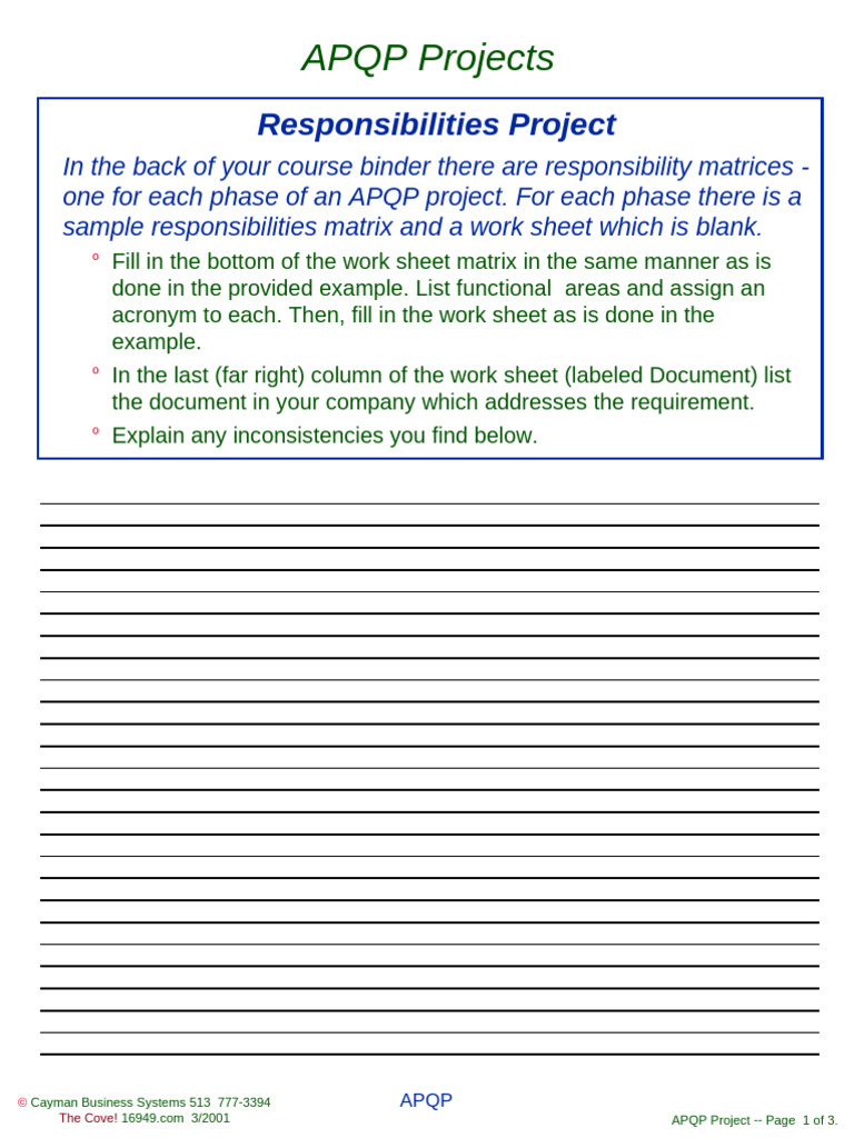 APQP Project Responsibilities & Checklist | PDF
