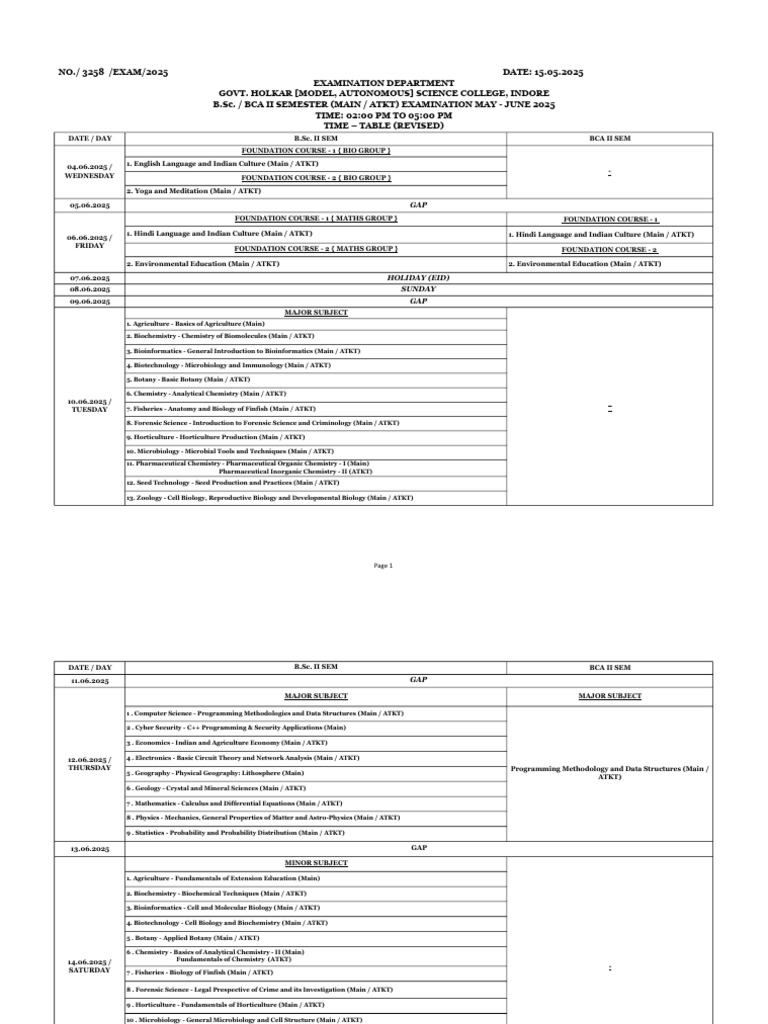 860329revised - Time Table - B.sc. - Bca II Semester (Main - Atkt) Examination May - June 2025 ...