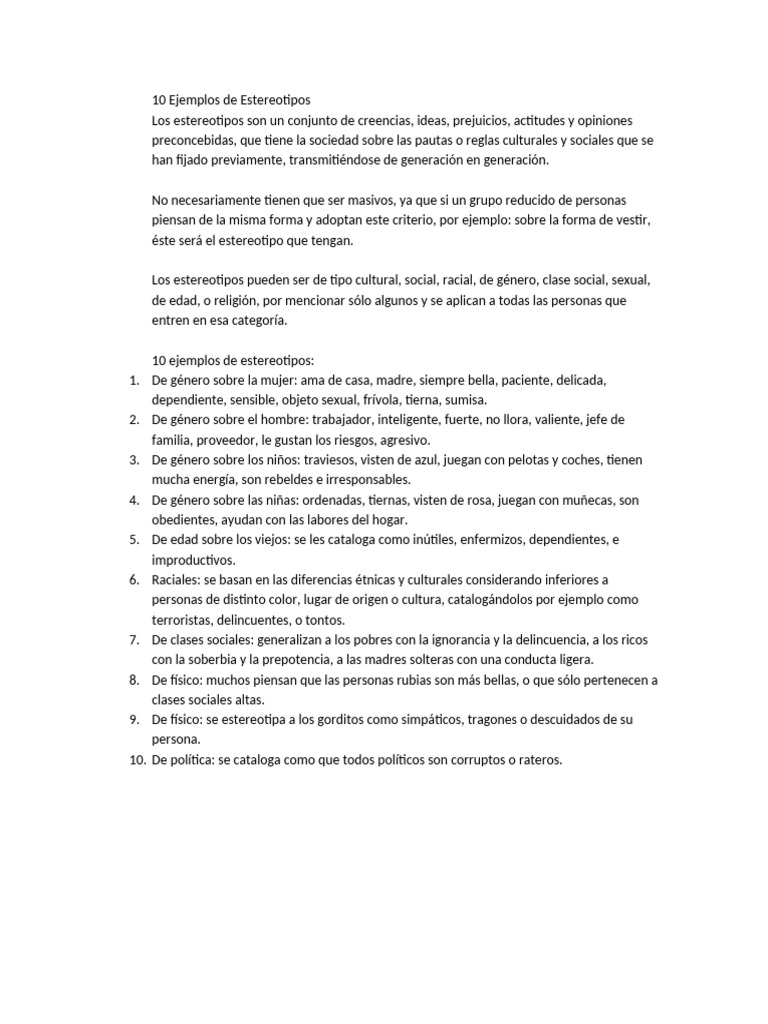 10 Ejemplos de Estereotipos Sociales | PDF