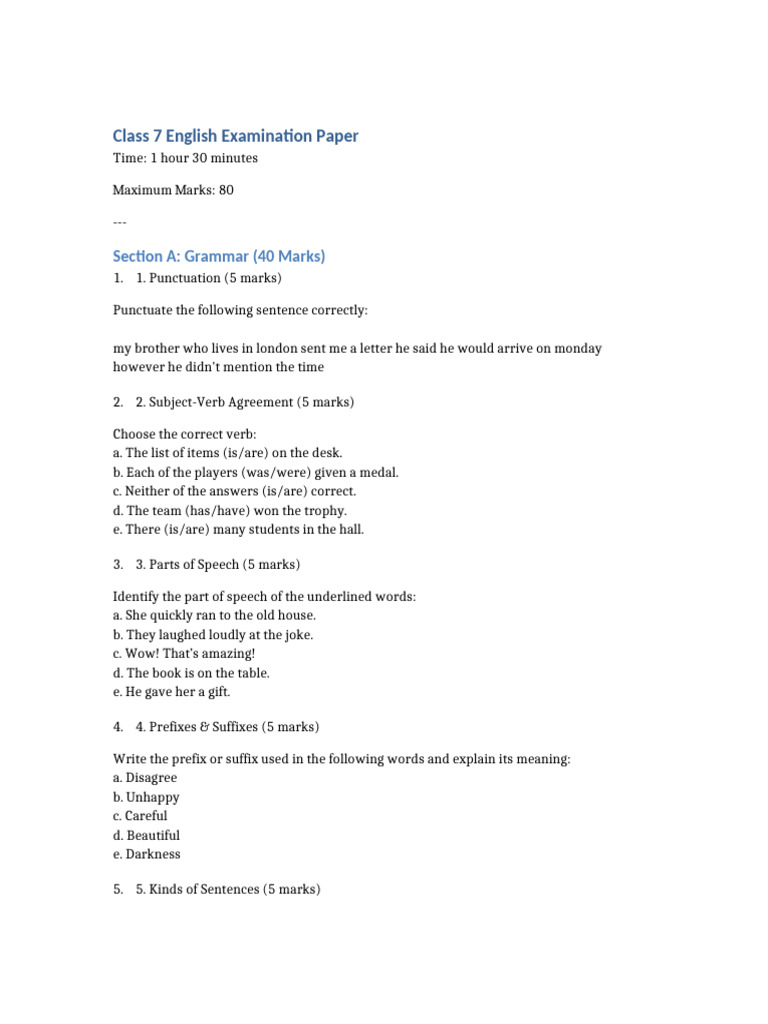 Class 7 English Exam Paper 2025 | PDF | Verb | Linguistics