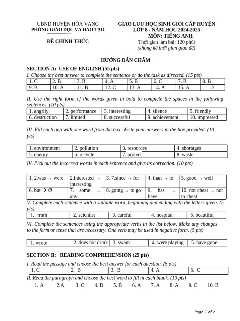 HSG Lop 8 PGD Hoa Vang 2024-2025 (Key) | PDF