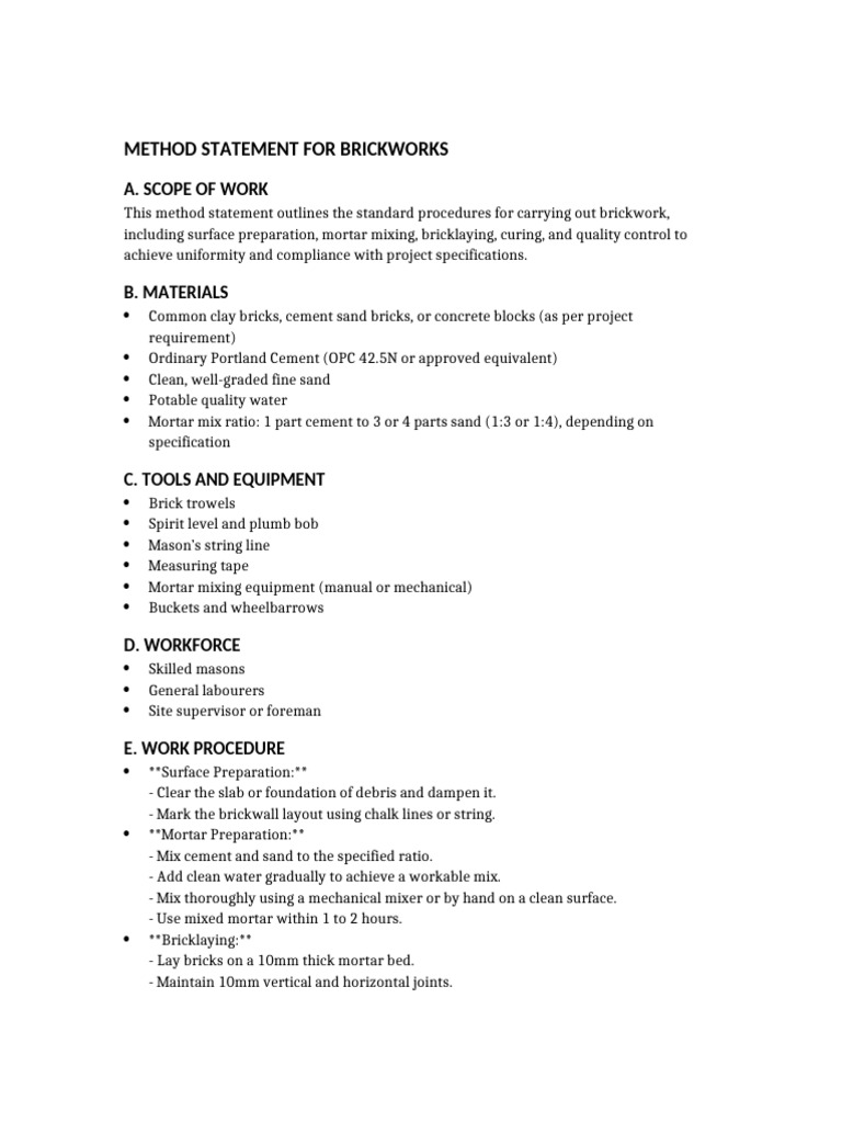 Method Statement Brickworks | PDF | Mortar (Masonry) | Brick