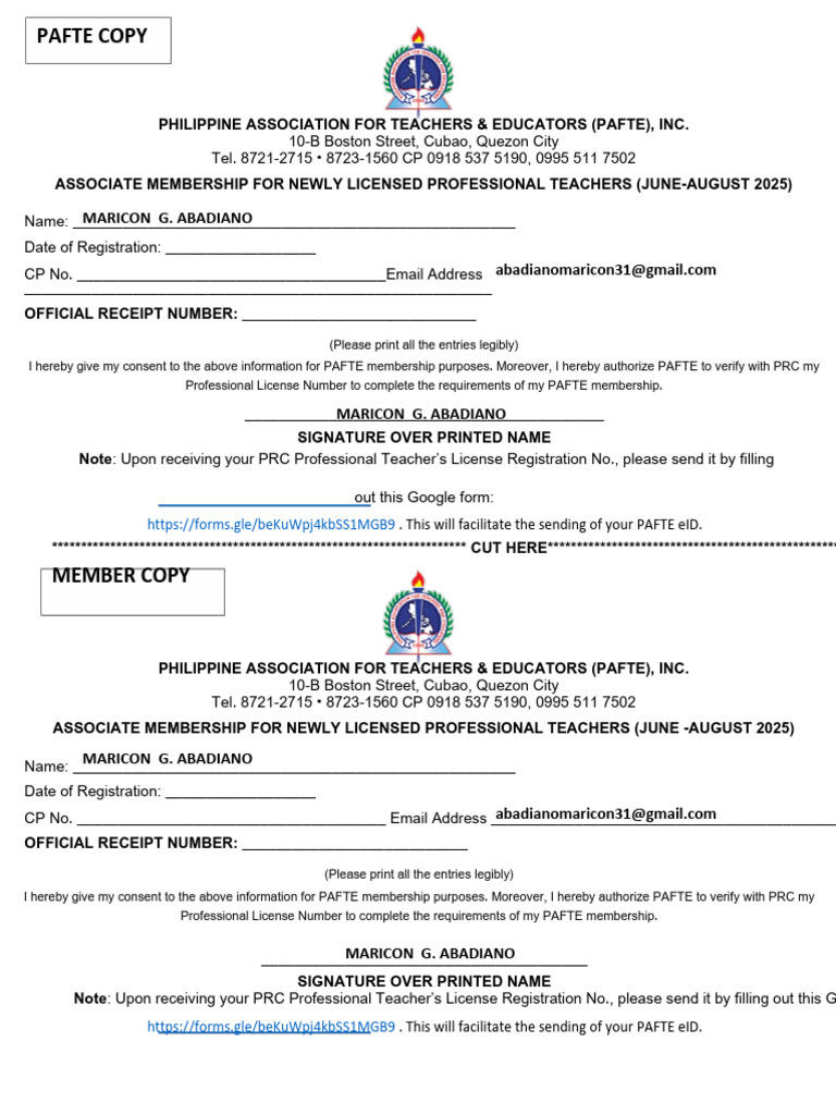 Pafte Registration and Authorization Form For New LPT January Apr ...