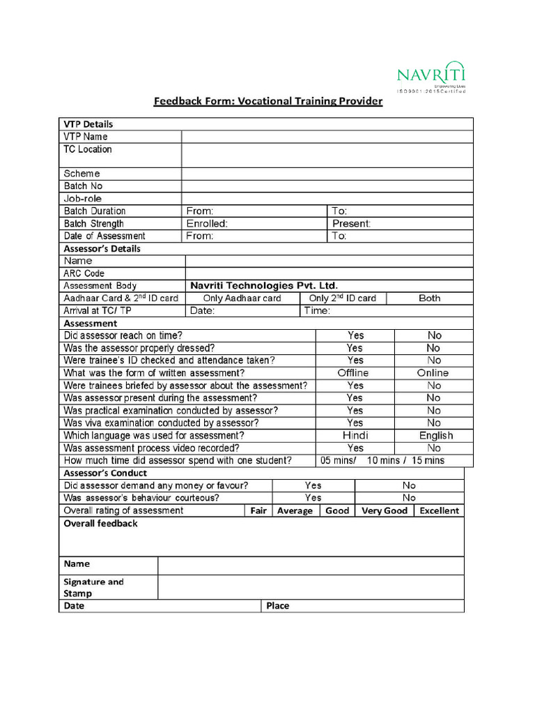 VTP Feedback Form | PDF
