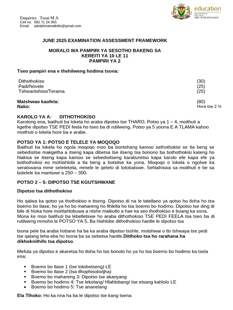 Sesotho HL Paper 2 GR 10 and 11 Assessment Framework June 2025 | PDF
