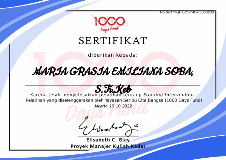 Certificate For - MARIA GRASIA EMILIANA SOBA,... - For - Kuliah Kader - Kuis Stuntin... | PDF