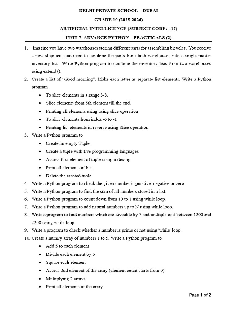Grade 10 AI Python 2025-26 Practicals 2 | PDF | Python (Programming ...