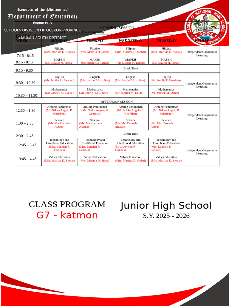 Junior High School Class Program 2025-2026 | PDF