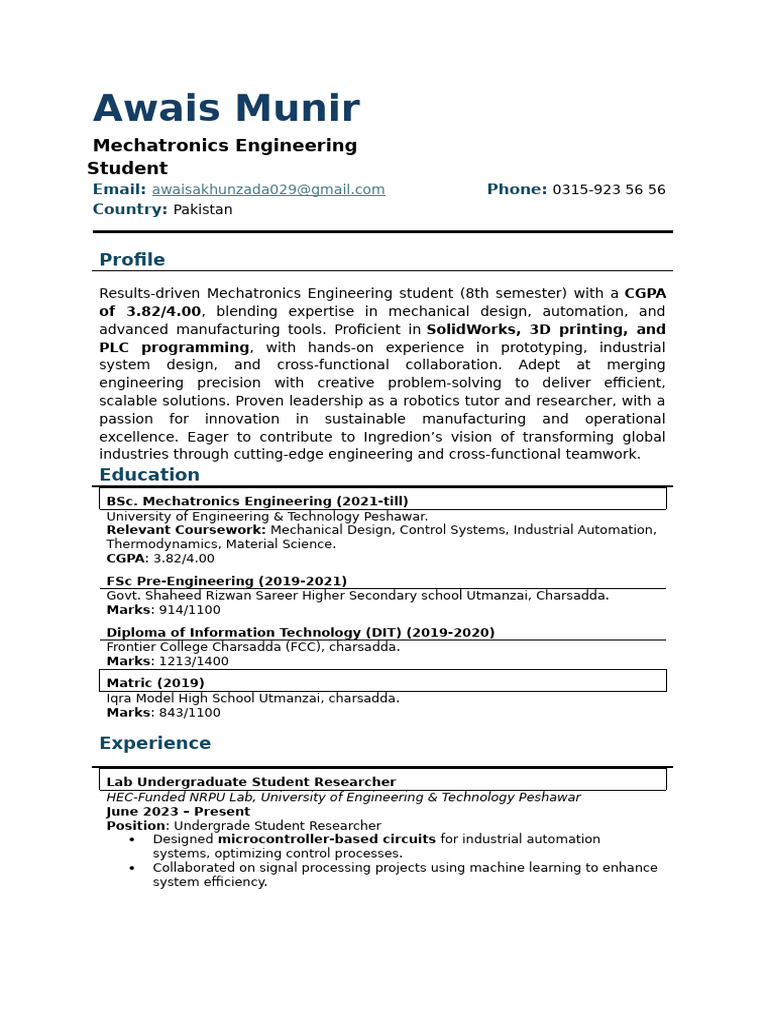 My CV For Manufacturing Automation | PDF | Robotics | Engineering