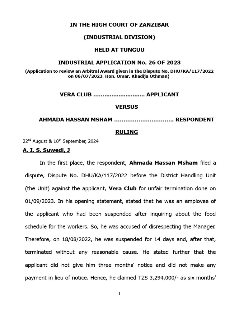 Vera Club V Ahmada Hassan Sham (Civil Application 26 of 2023) 2024 ZIC ...