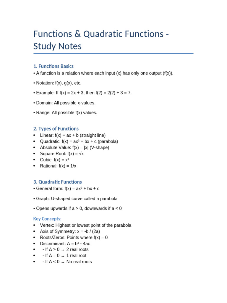 Functions Quadratics Study Notes | PDF