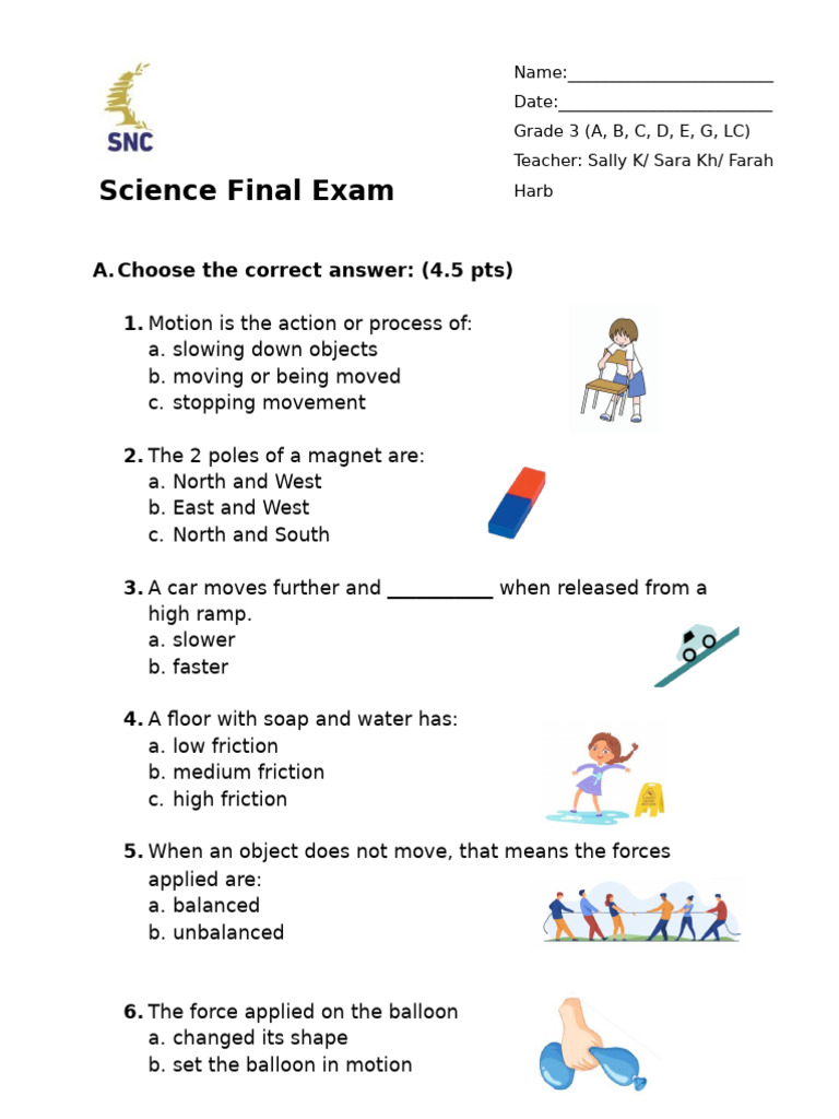 Grade 3 Science Exam on Motion and Forces | PDF | Force | Friction