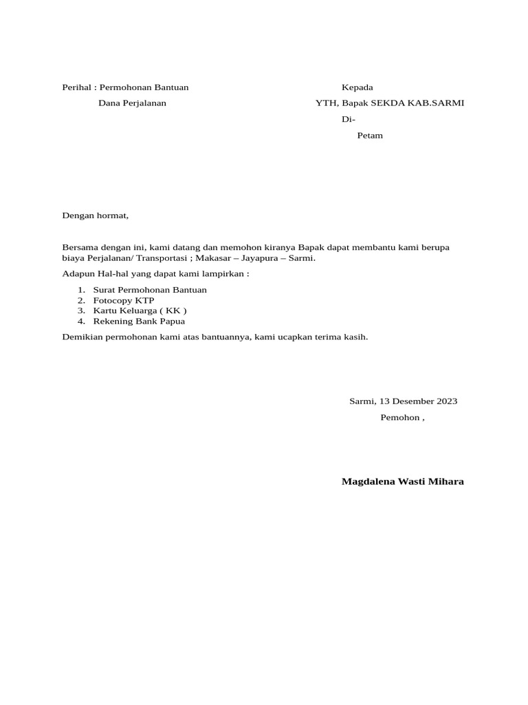 Surat Permohonan Dana PERJALANAN Ke Sekda | PDF