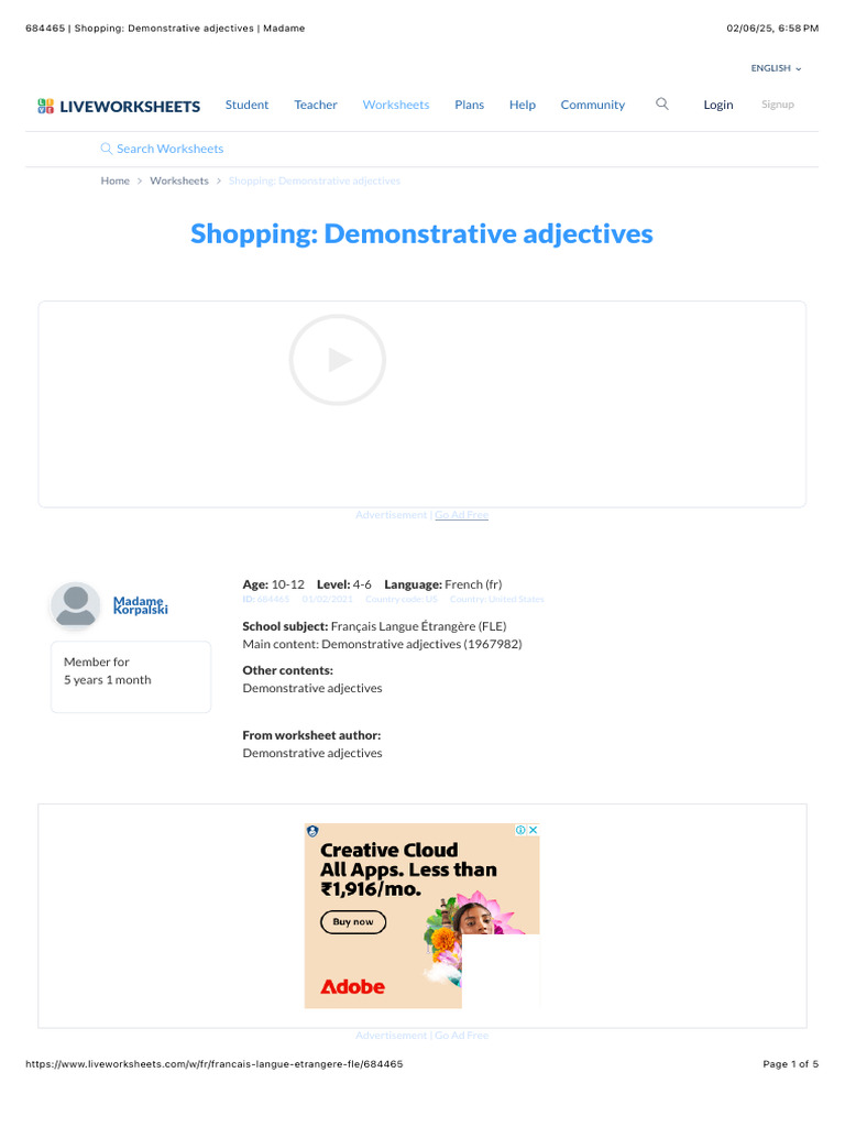 Shopping: Demonstrative Adjectives - Madame | PDF | Worksheet | World ...