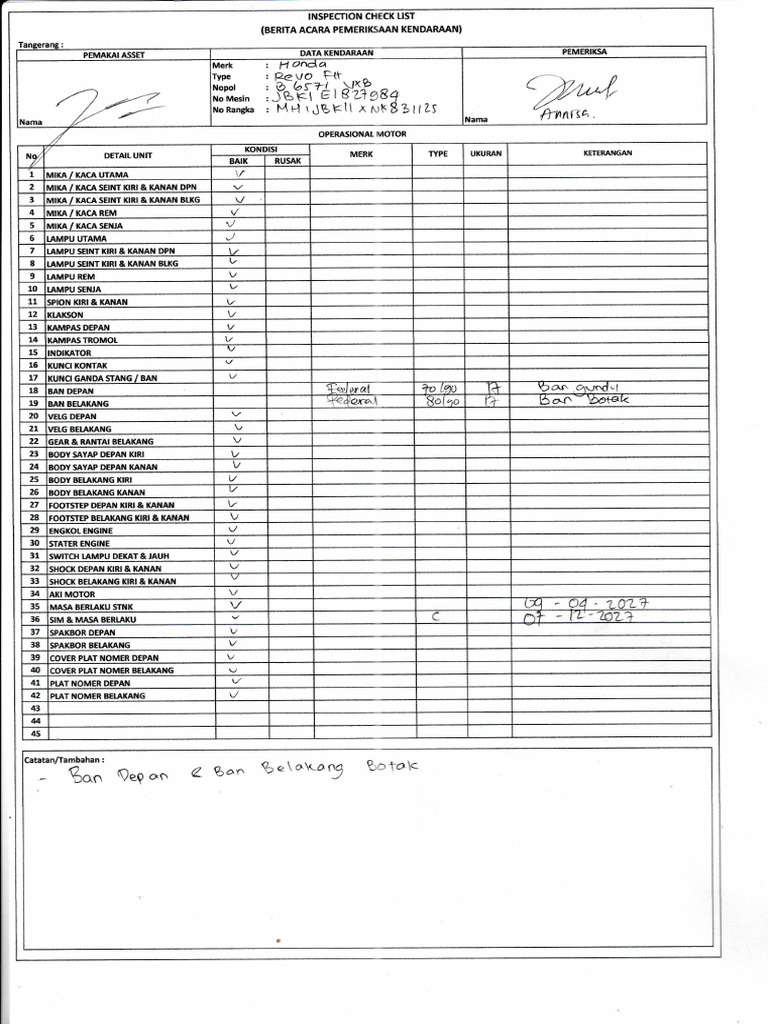 Berita Acara Pemeriksaan Kendaraan Pak Desta | PDF