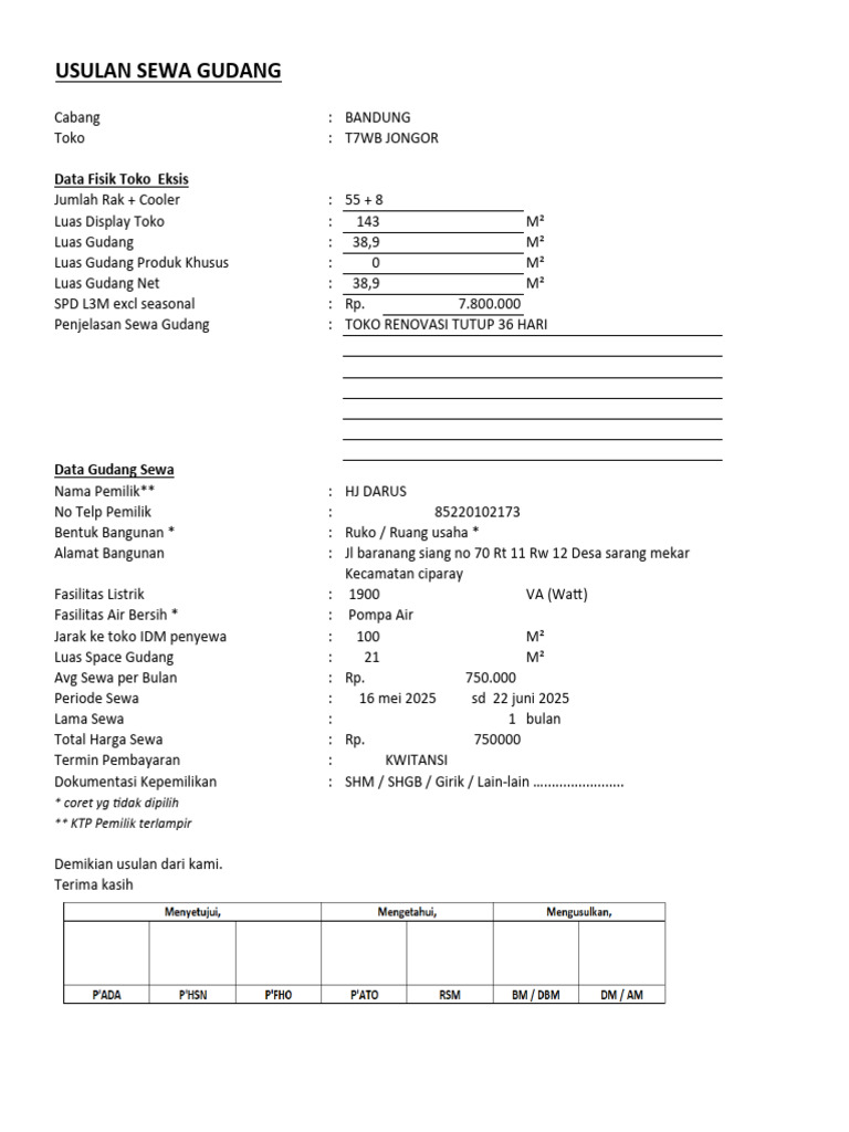 Format Usulan Sewa Gudang | PDF