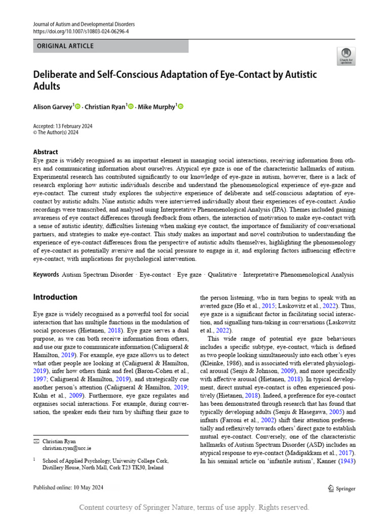 Deliberate and Self-Conscious Adaptation of Eye-Co | PDF | Autism ...