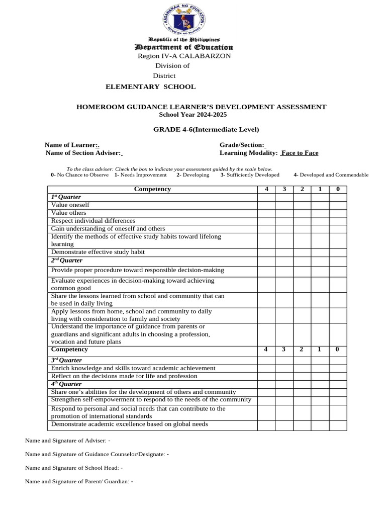 Homeroom Guidance Learners Development Assessment Grade 4 6 | PDF ...