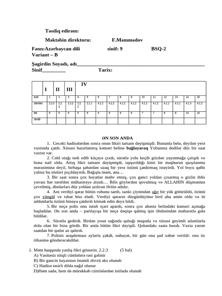 9-Cu Sinif BSQ 2 Variant B | PDF