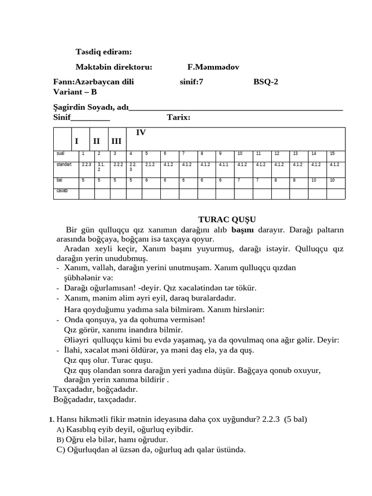 7-Ci Sinif BSQ 2 Variant B | PDF
