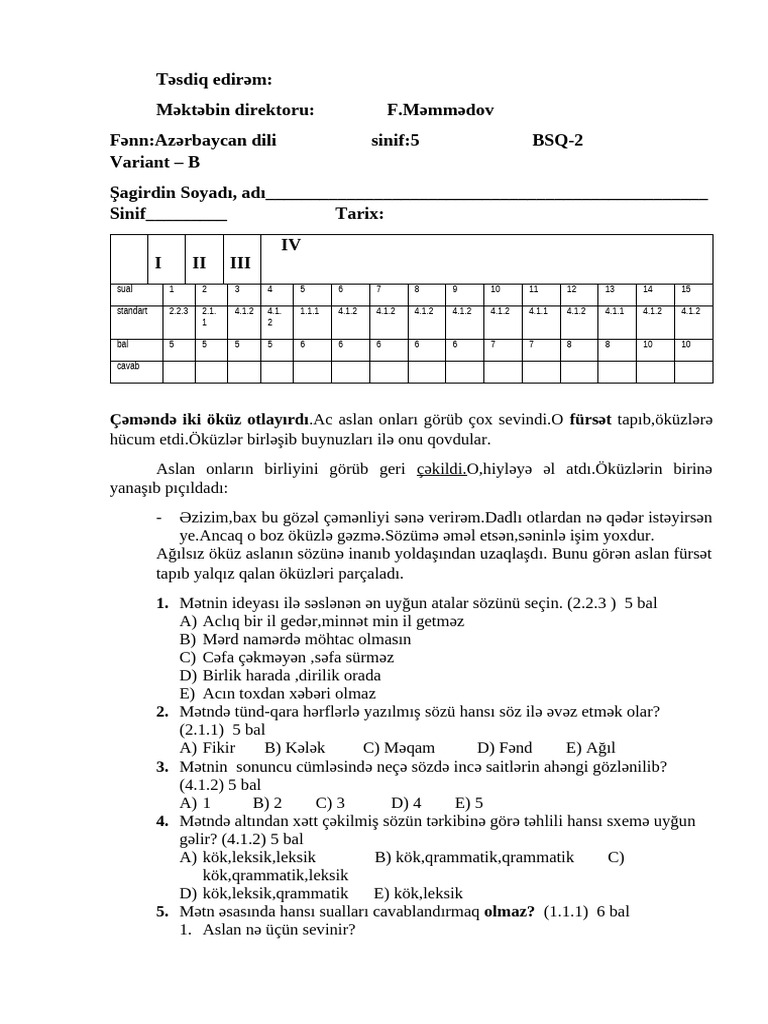 5-Ci Sinif BSQ 2 Variant B | PDF