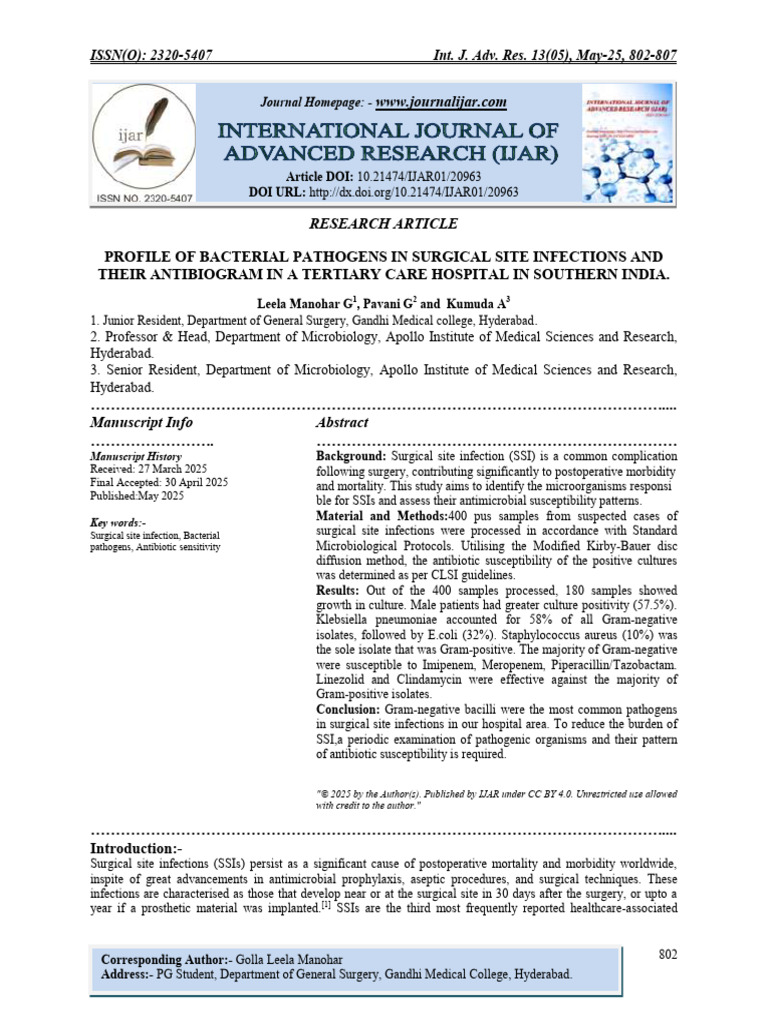 Profile of Bacterial Pathogens in Surgical Site Infections and Their ...