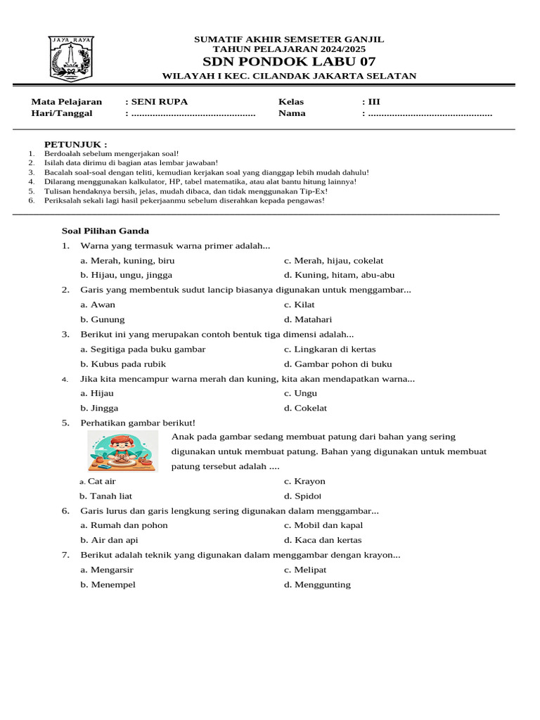 Pat Seni Rupa Kelas 3 Tahun 2025 Edit Fiks | PDF