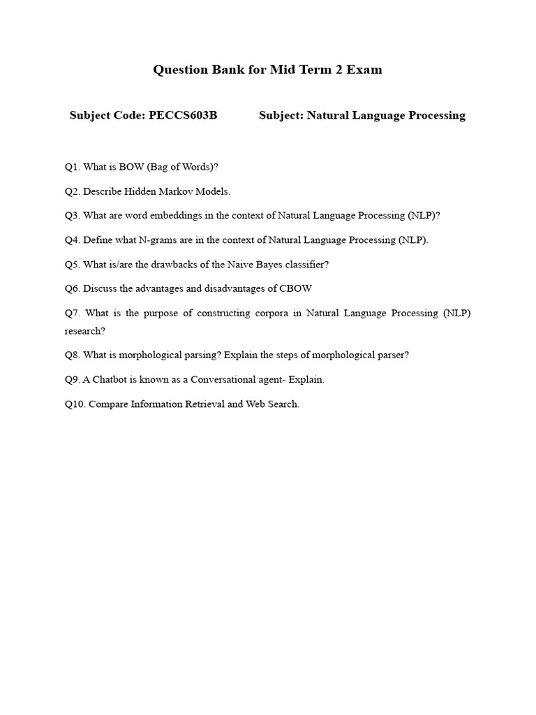 Question Bank For Mid Term 2 Exam | PDF