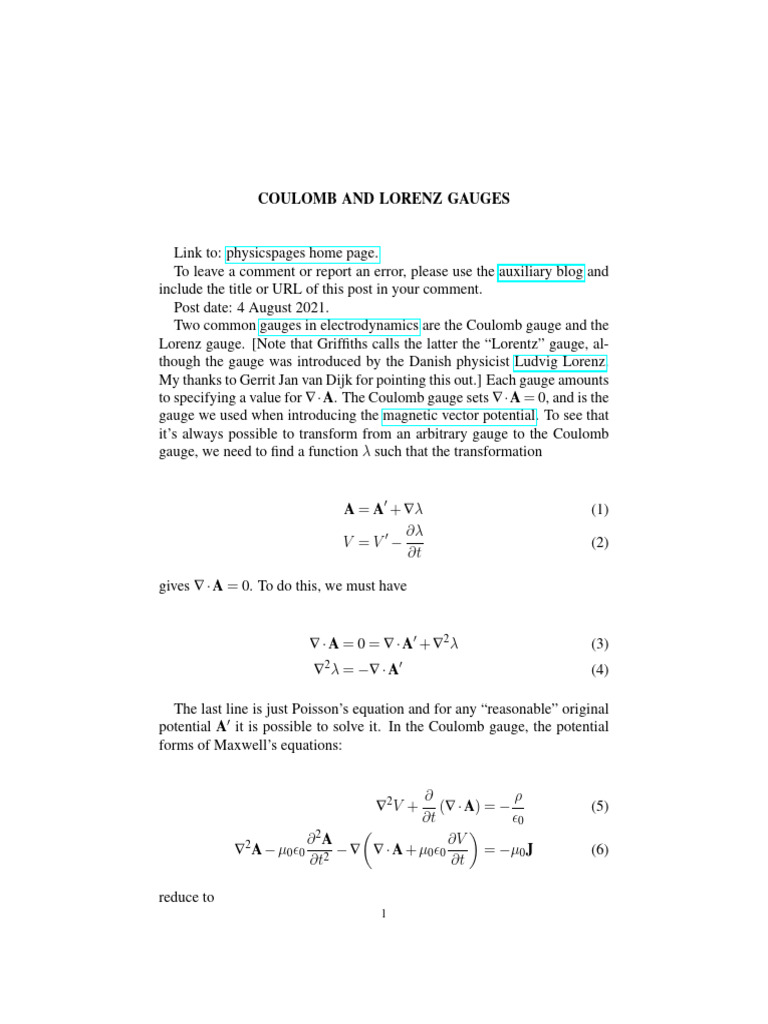Coulomb and Lorenz Gauge Overview | PDF | Physics | Electromagnetism