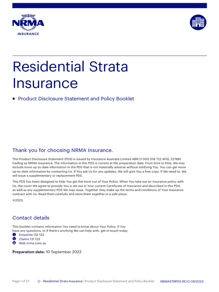 Nrma Resi Strata Pds Nrmastrpds Rev2 092 | PDF | Insurance | Credit Card