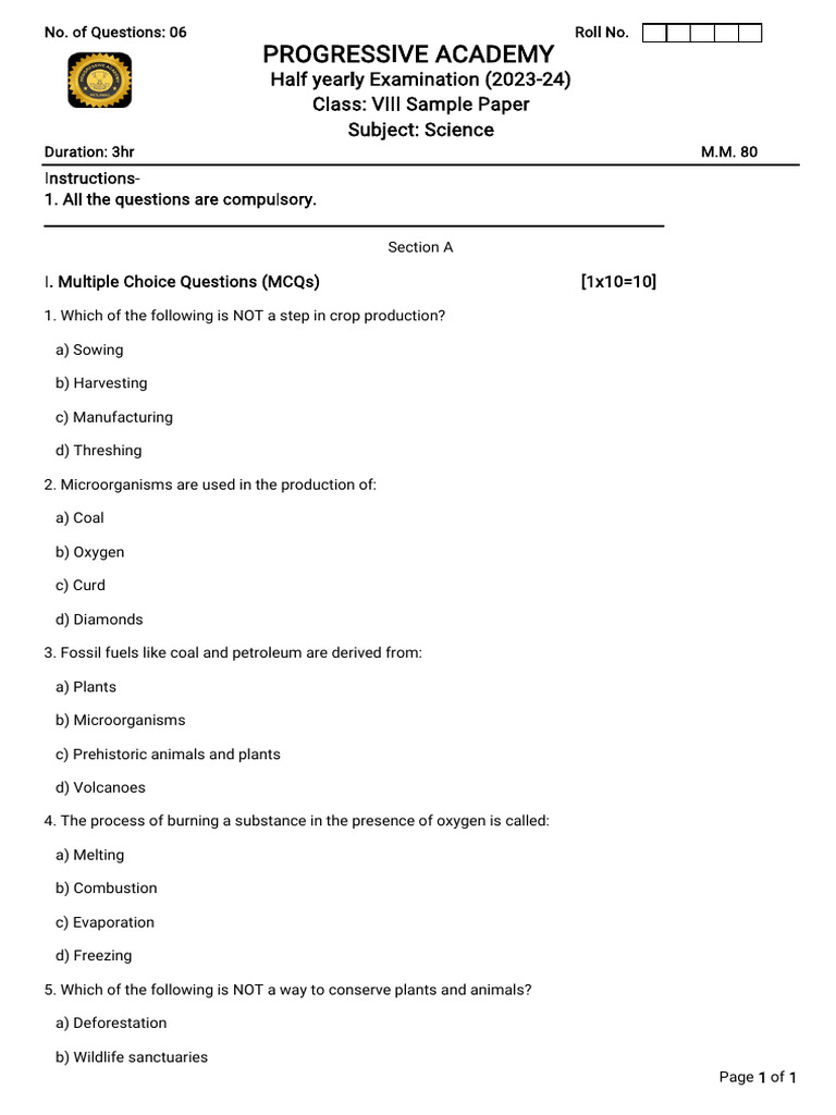 8th Sample Paper Science | PDF | Fuels | Soil