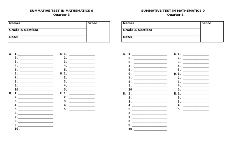 Mathematics 9 Quarter 3 Test | PDF