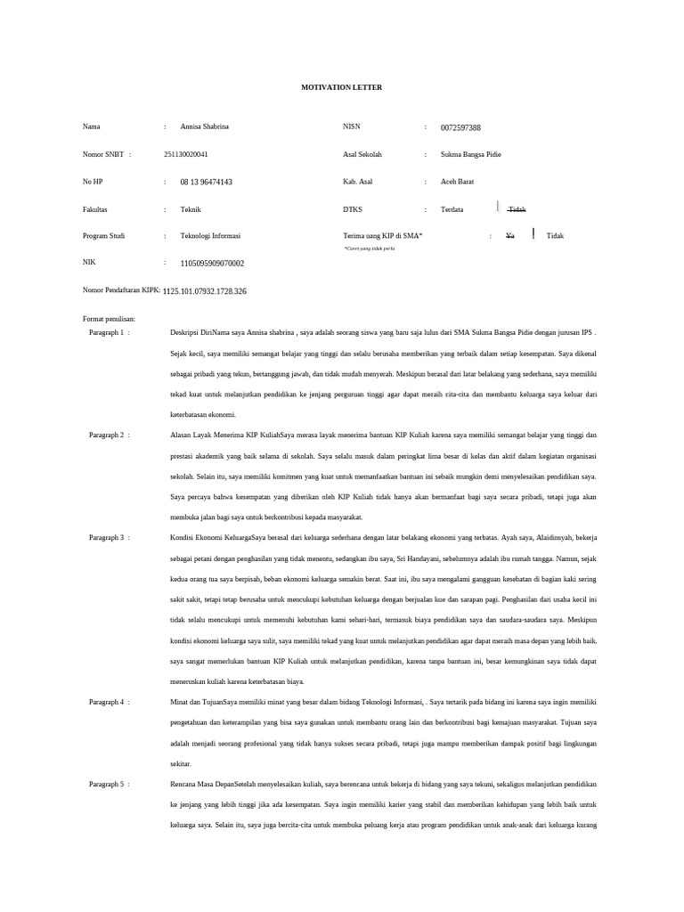 KIPK - Contoh Motivation Letter | PDF