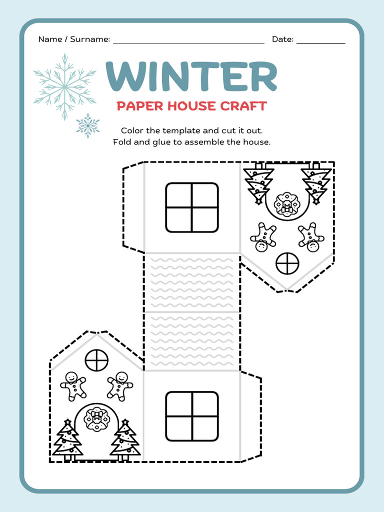 Winter Themed Gingerbread House Paper Craft Worksheet in Brown Red Blue ...