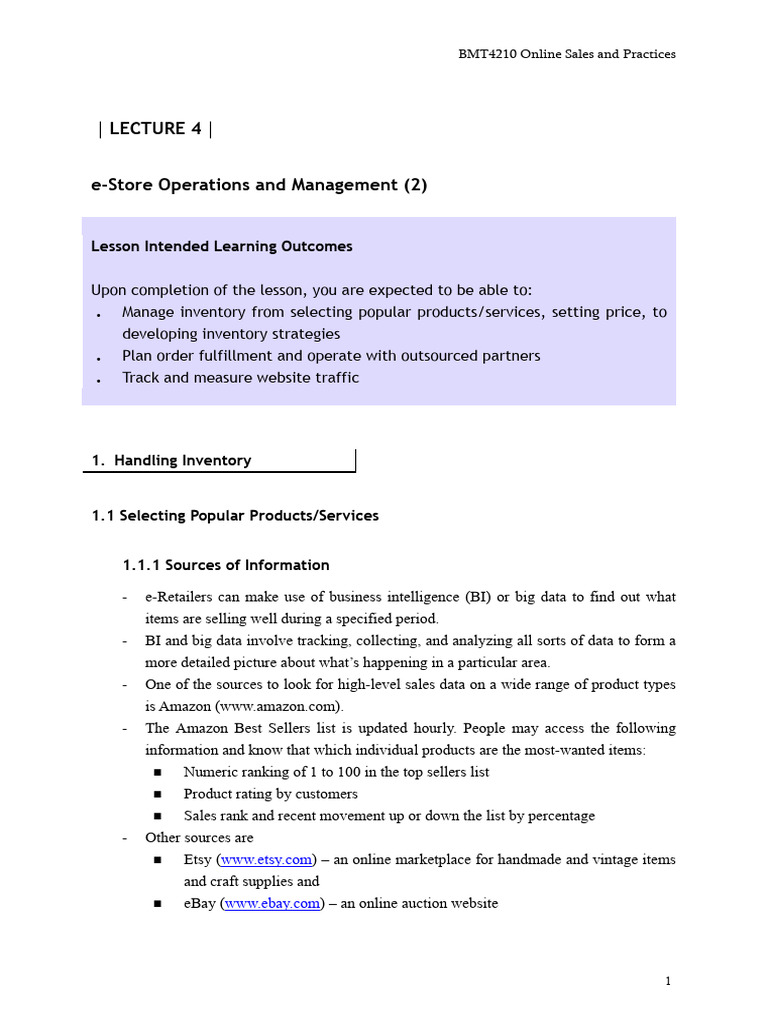 Lecture 4 E-Store Operations and Management 2 | PDF | Websites | Inventory