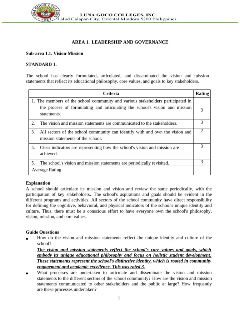 Area1 Leadership and Governance | PDF | Strategic Planning | Goal