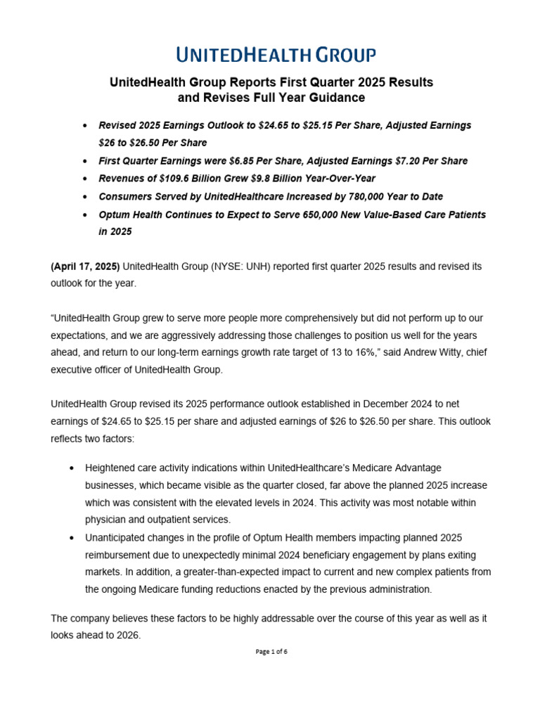 UNH Reports Q1 2025 Results Revises Full Year Guidance | PDF | Equity ...