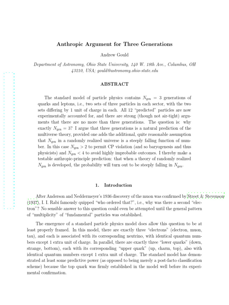 Anthropic Argument For Three Generations | PDF | Universe | Elementary Particle