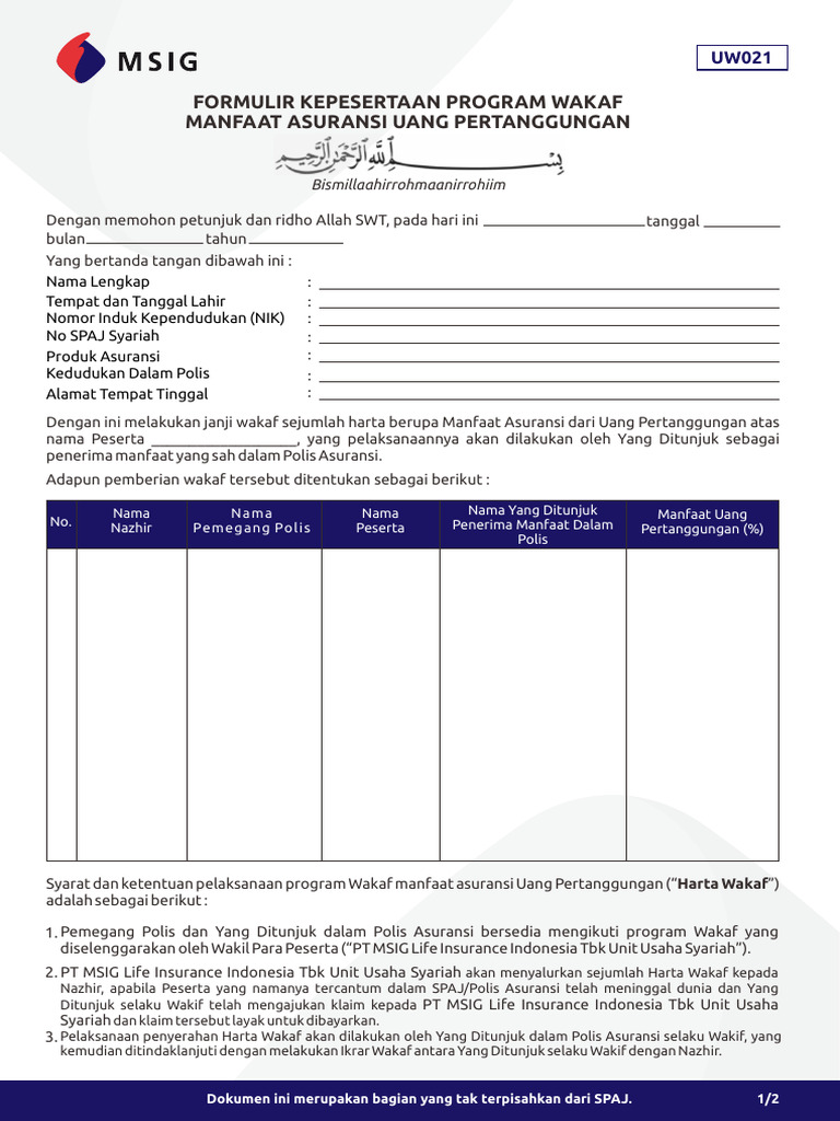 UW021 - Formulir Kepesertaan Program Wakaf | PDF