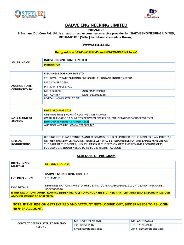 Badve Engineering LTD Pithampur 3rd Aug 2023 | PDF | Auction