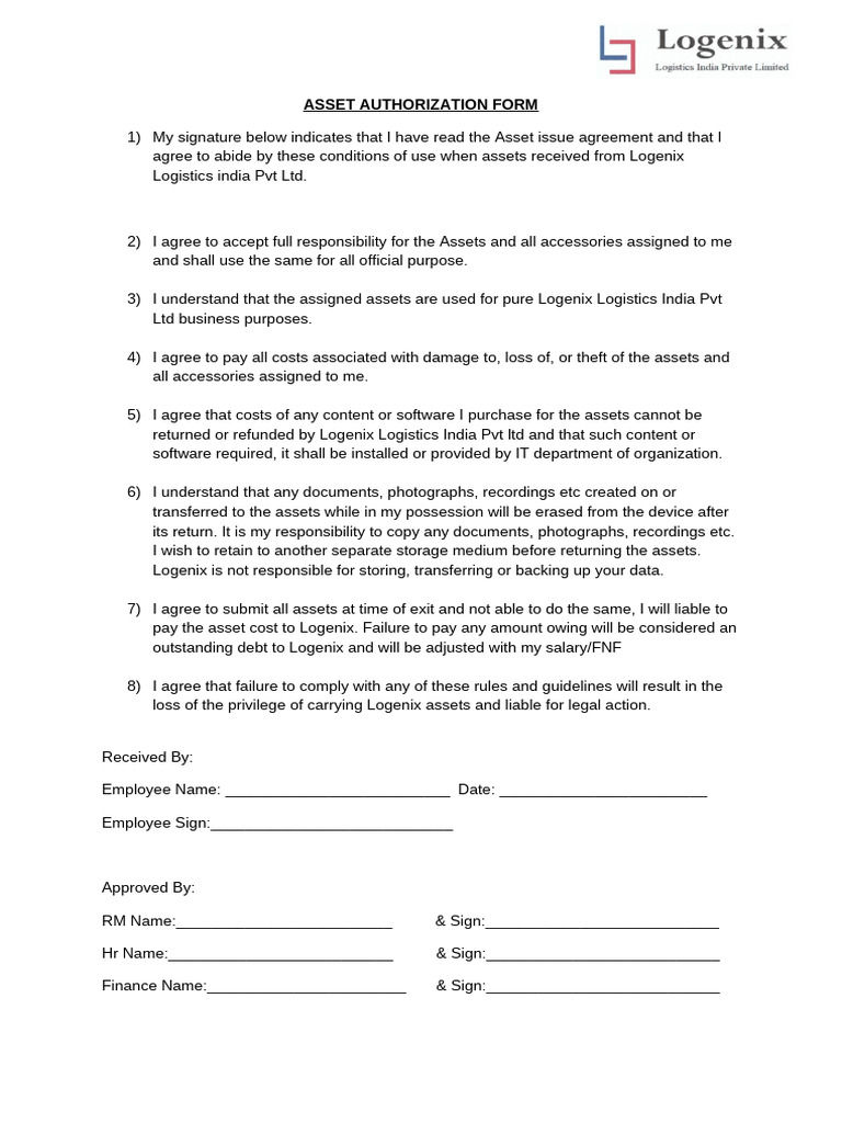 Asset Authorization Form | PDF | Laptop | Computing