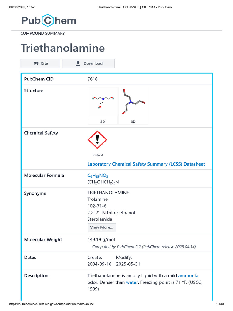 Triethanolamine - C6H15NO3 - CID 7618 - PubChem | PDF | Amine ...