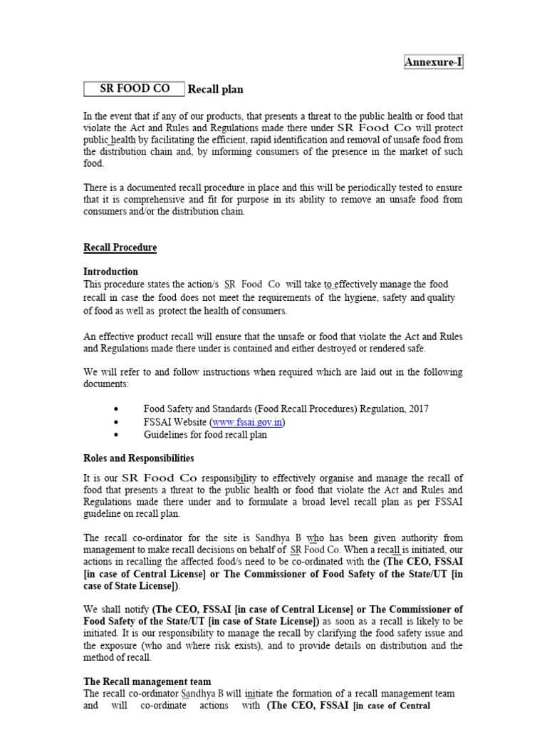 SR Food Co Recall Management Plan | PDF | Food Safety | Safety