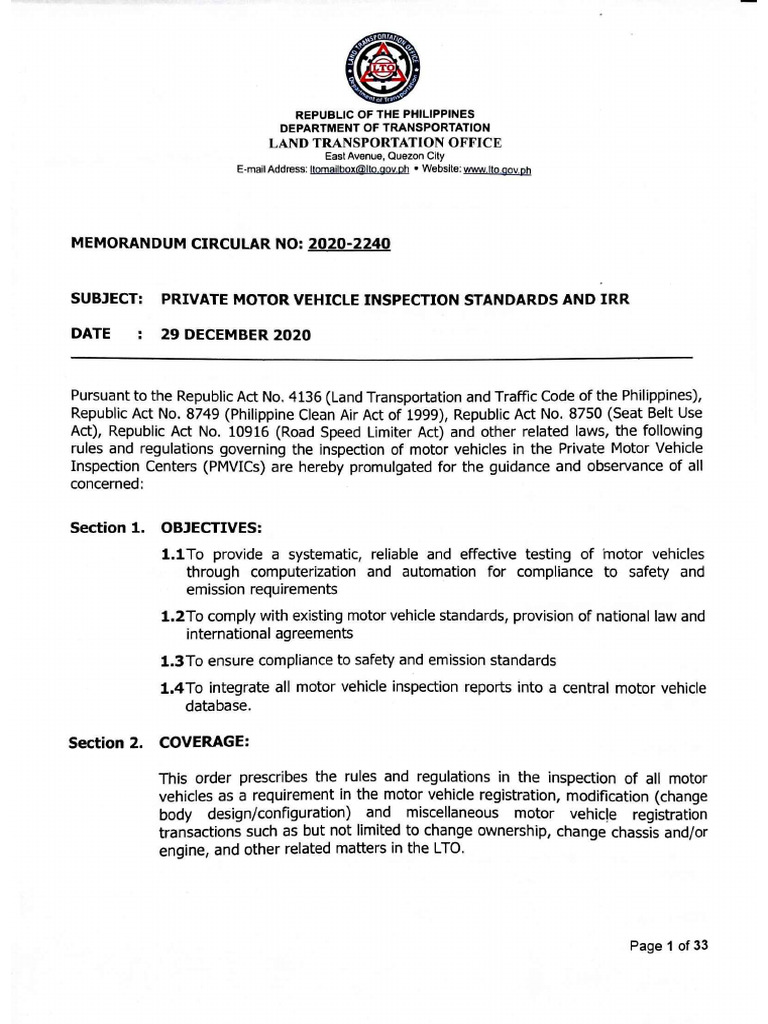 PMVIC Standards From LTO Ver. Semi-Final | PDF