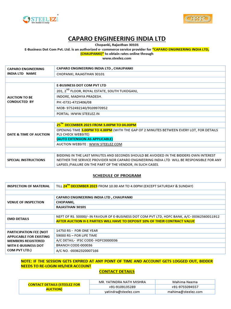 Caparo Enginerring India LTD Chopanki 25th December 23 | PDF | Auction