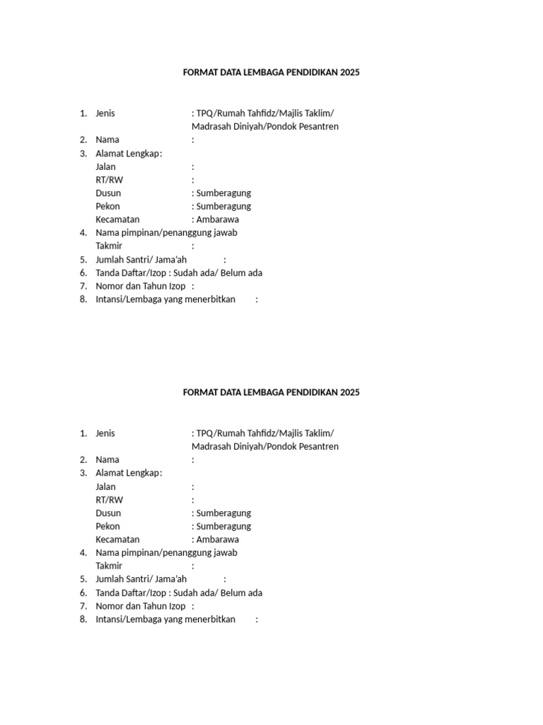 Format Data Lembaga Pendidikan 2025 | PDF
