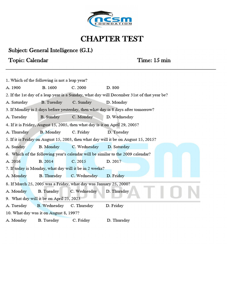 Calendar Chapter Test (English Version) | PDF