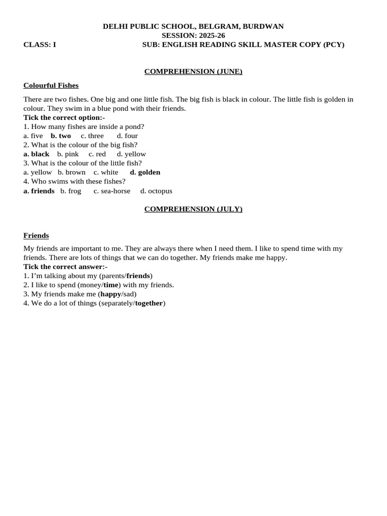 Class I English Reading Skill Master | PDF
